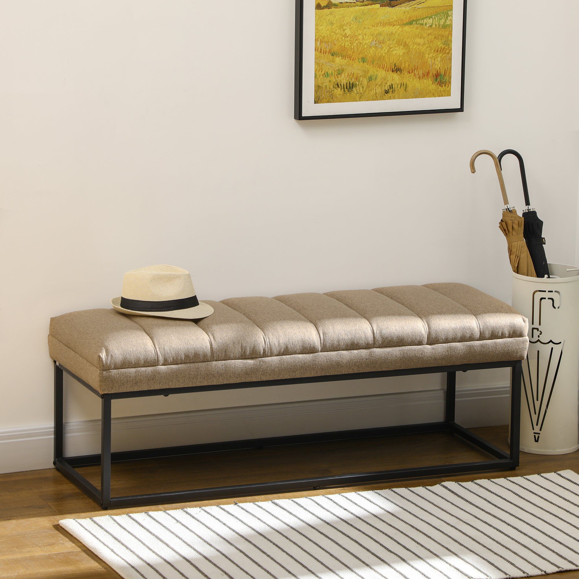 Brown Bedroom Accent Upholstered Ottoman Bench with Steel Legs
