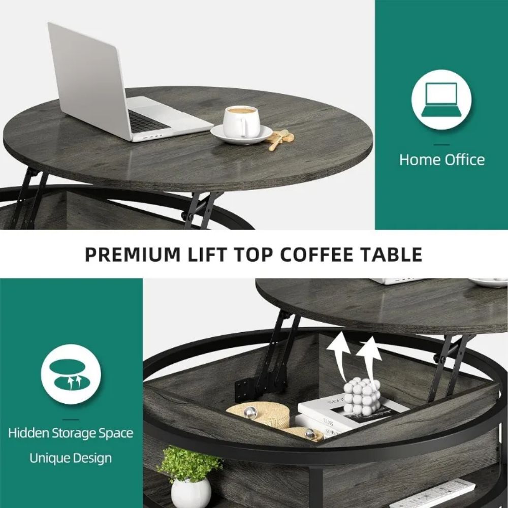 Mega Casa Round Lift Top 18.5 High Coffee Table with Hidden Storage Compartment for Home Office Living Room Grey Mathis Home
